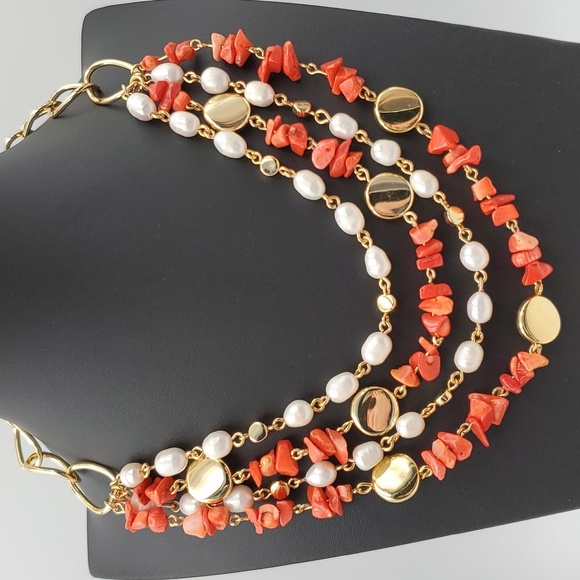 Talbots | Jewelry | Talbots Coral Chip Pearl Gold Disc Necklace | Poshmark